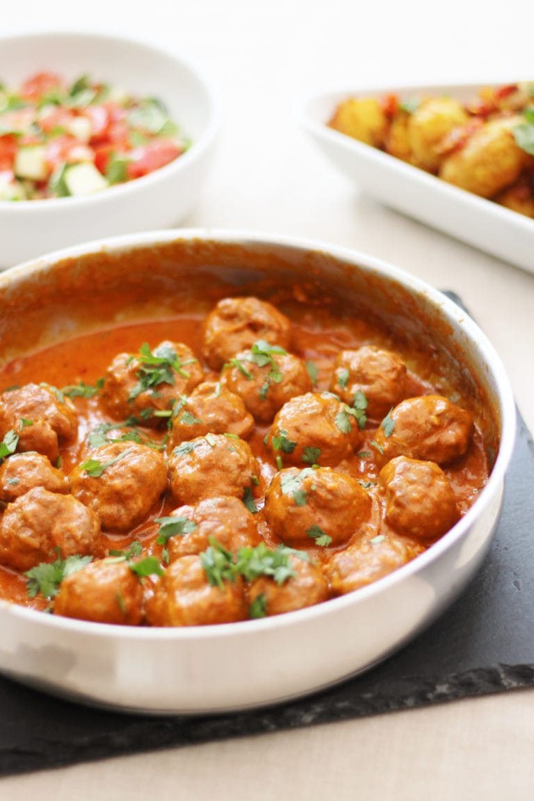 Turkey Tikka Masala Meatballs with Bombay New Potatoes - Easy Peasy Foodie