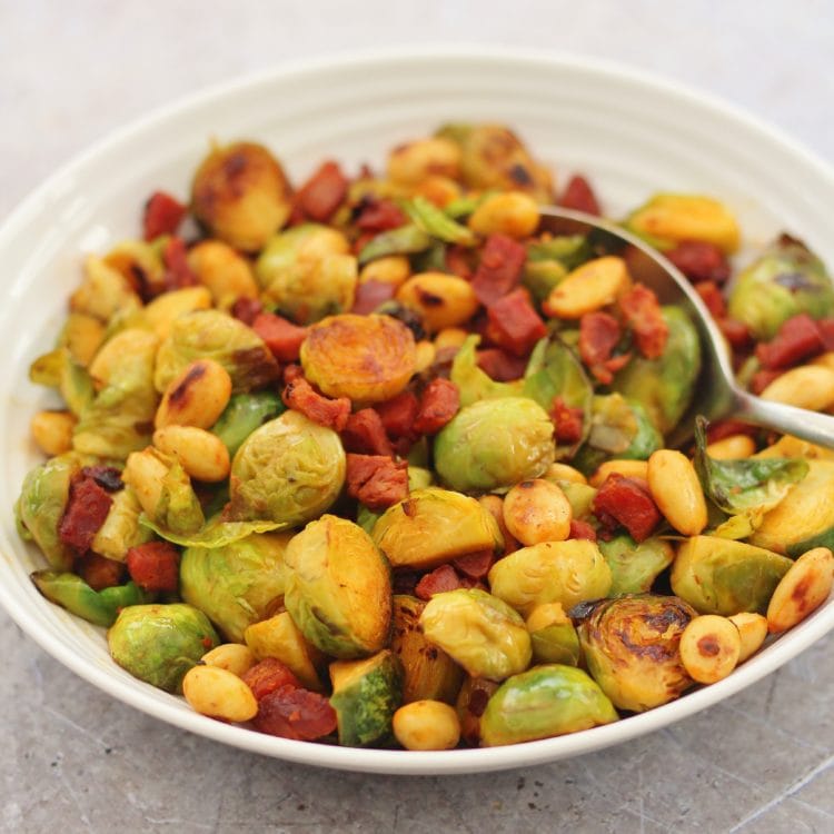 Pan Fried Sprouts with Chorizo and Almonds - Easy Peasy Foodie