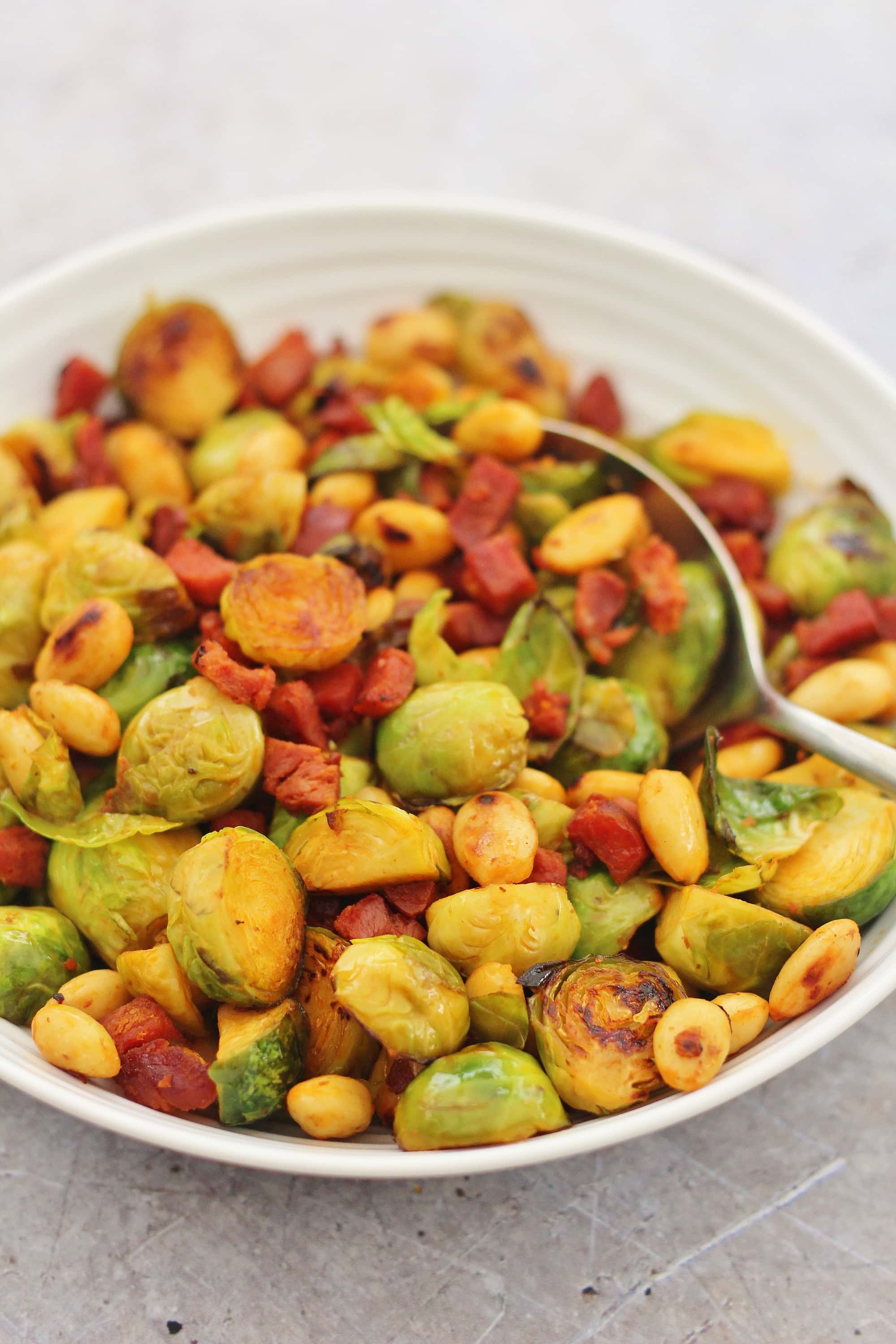 Pan Fried Sprouts with Chorizo and Almonds - Easy Peasy Foodie