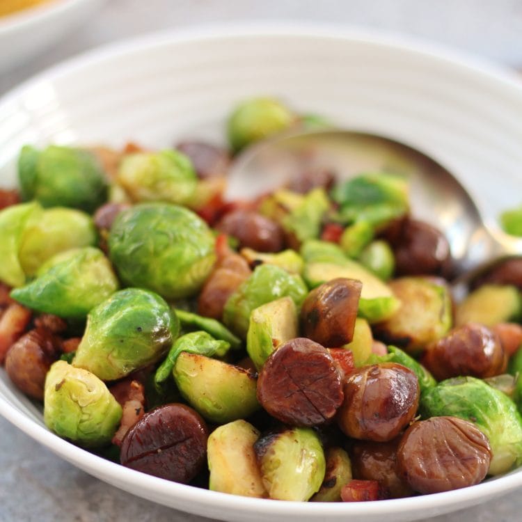 Pan Fried Sprouts with Chestnuts and Bacon - Easy Peasy Foodie