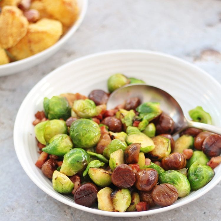 Pan Fried Sprouts with Chestnuts and Bacon - Easy Peasy Foodie
